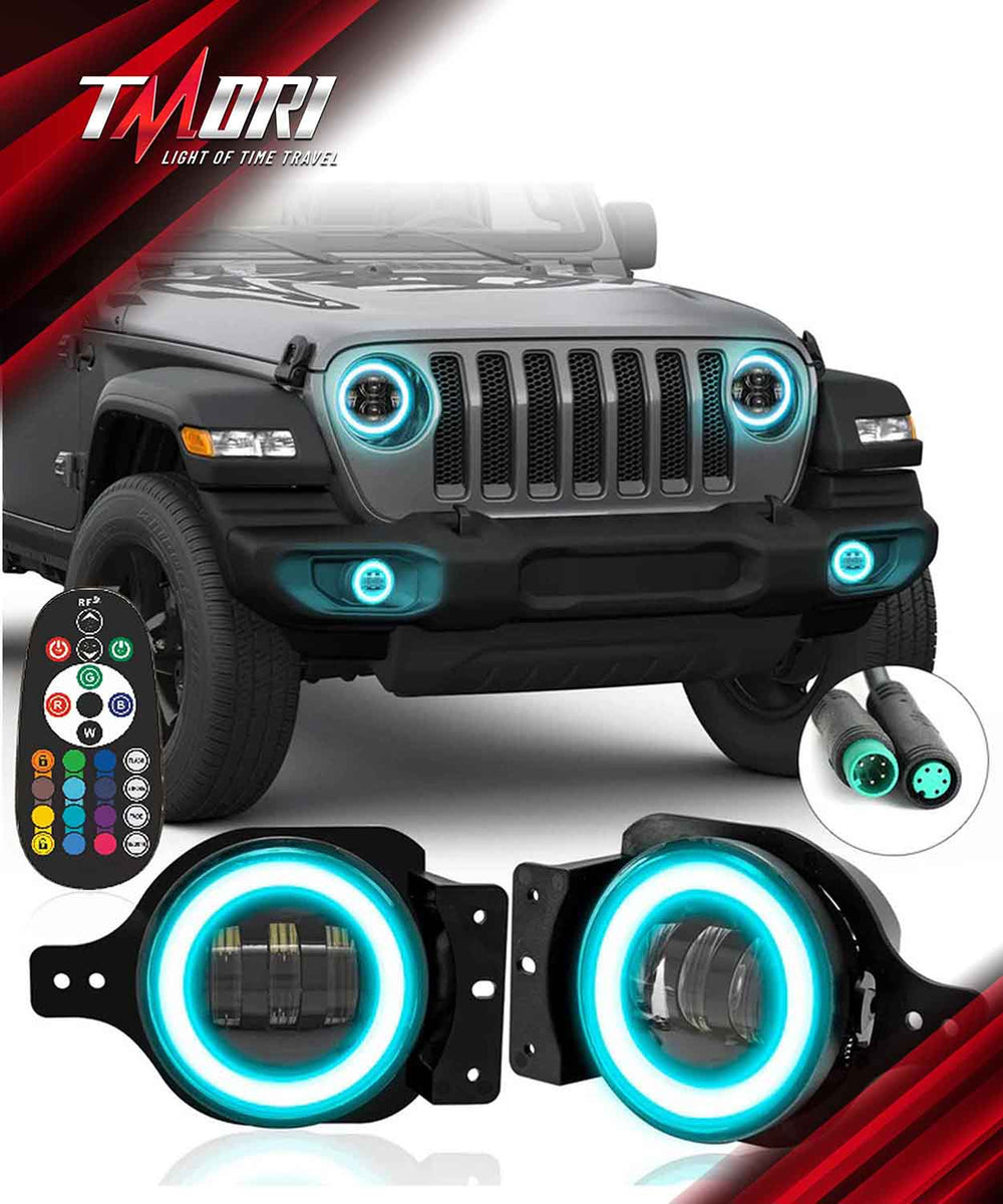 9" RGB-W Halo LED Headlights + 4" RGBW LED Fog Lights For 2018-2025 Je ...